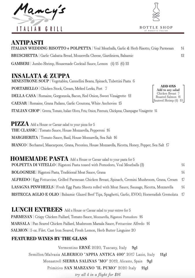 Menu at Mancy's Italian Grill pizzeria, Toledo