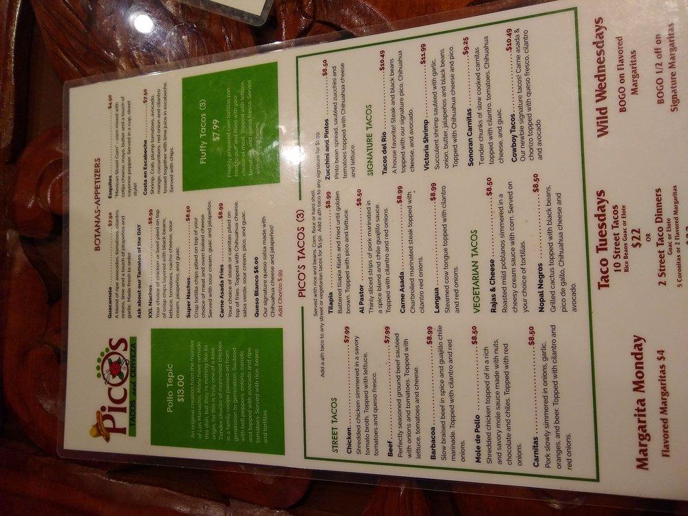 Menu at Pico's Tacos and Cerveza restaurant, Racine