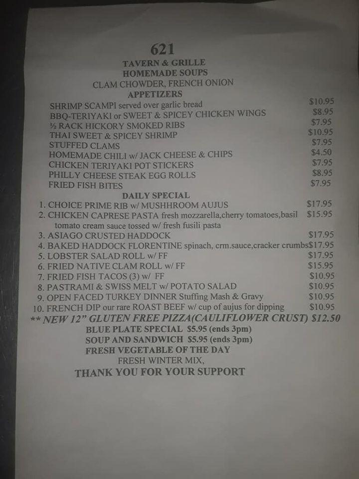 Menu at Six Twenty-One Tavern & Grill pub & bar, Malden