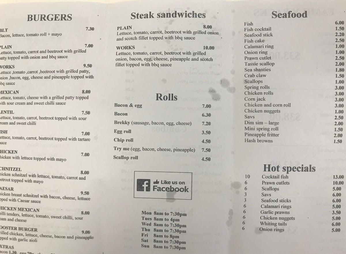 Menu at Batty's Better Batter fast food, Woy Woy