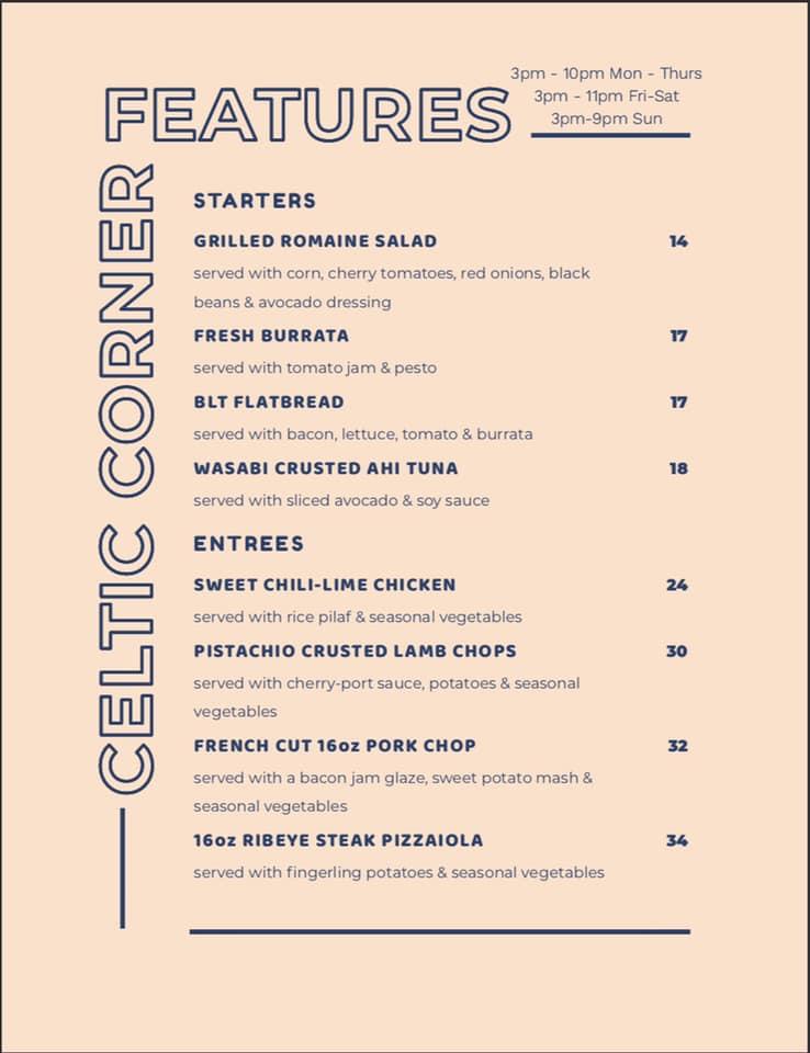 Menu at Celtic Corner Restaurant and Pub, Hawthorne