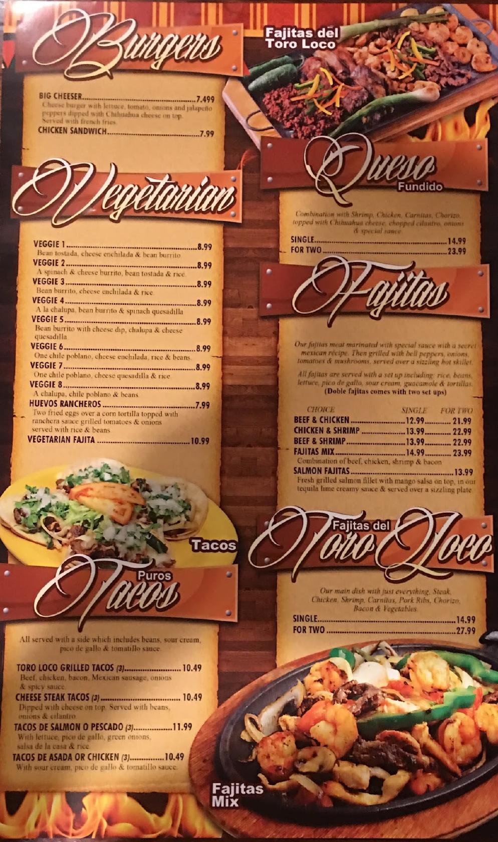 Menu at El Toro Loco restaurant, Memphis, Poplar Ave