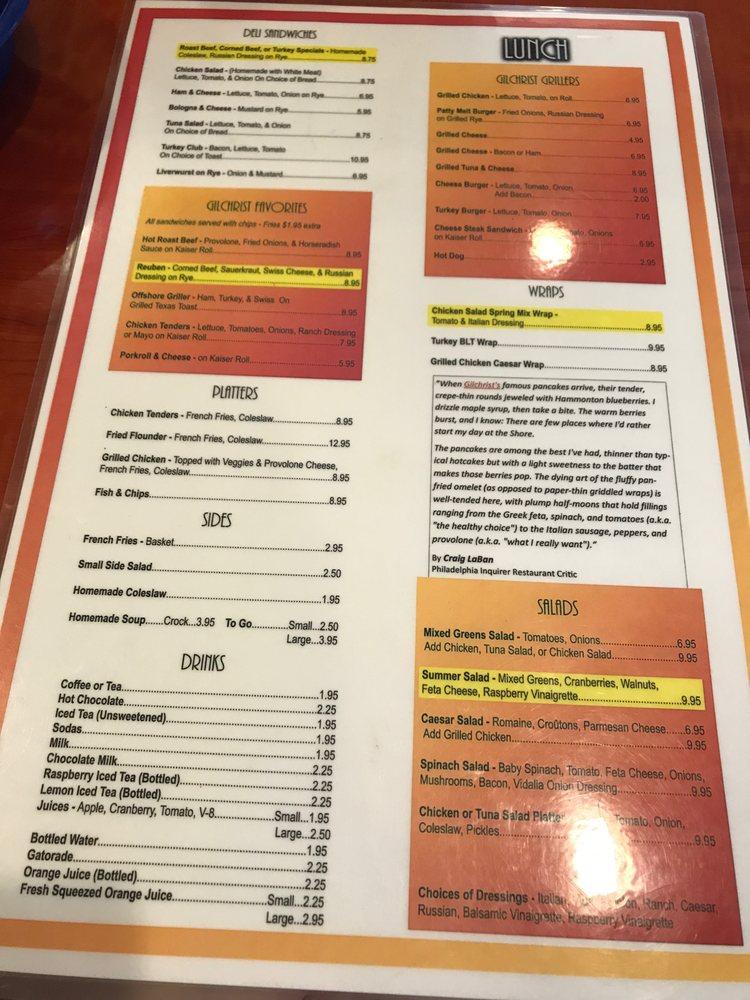 Menu at Gilchrist Downbeach Restaurant, Margate City
