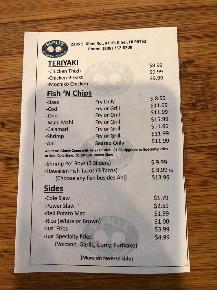 Menu at Maui Fish'n Chips restaurant, Kihei