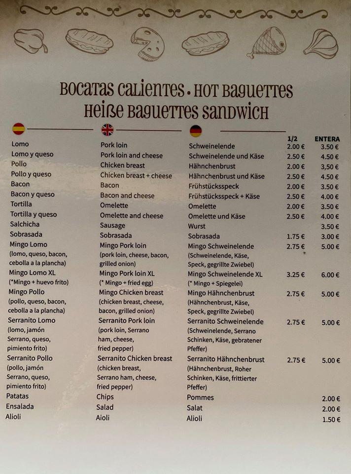 Carta de Bar Mingo, Manacor