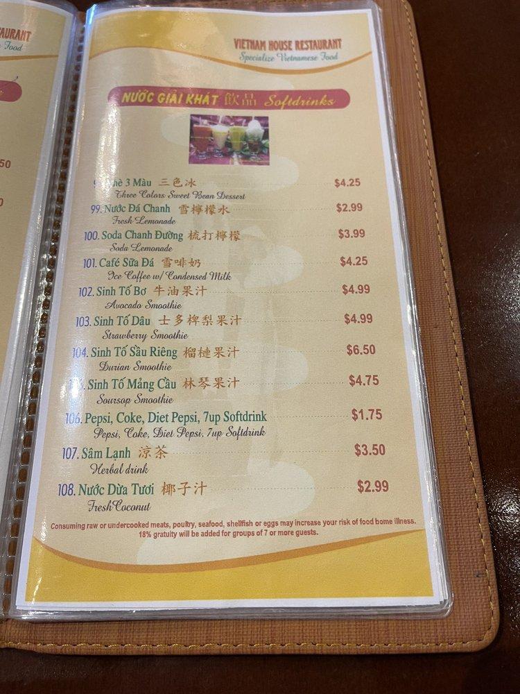 Menu at Vietnam House restaurant, Tukwila