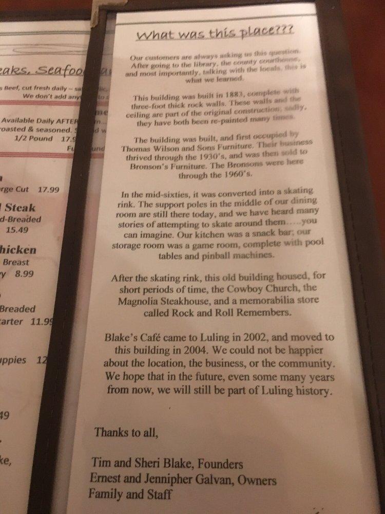 Menu at Blake's steakhouse, Luling