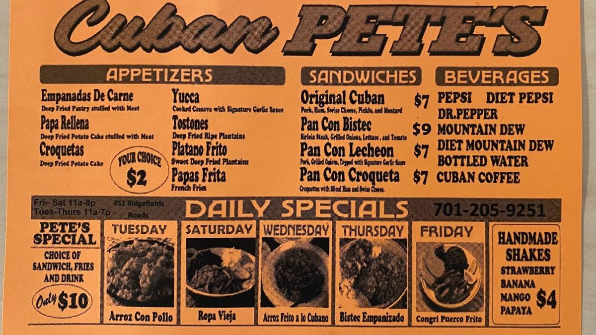Menu at Cuban Pete's original cubans, Kingsport