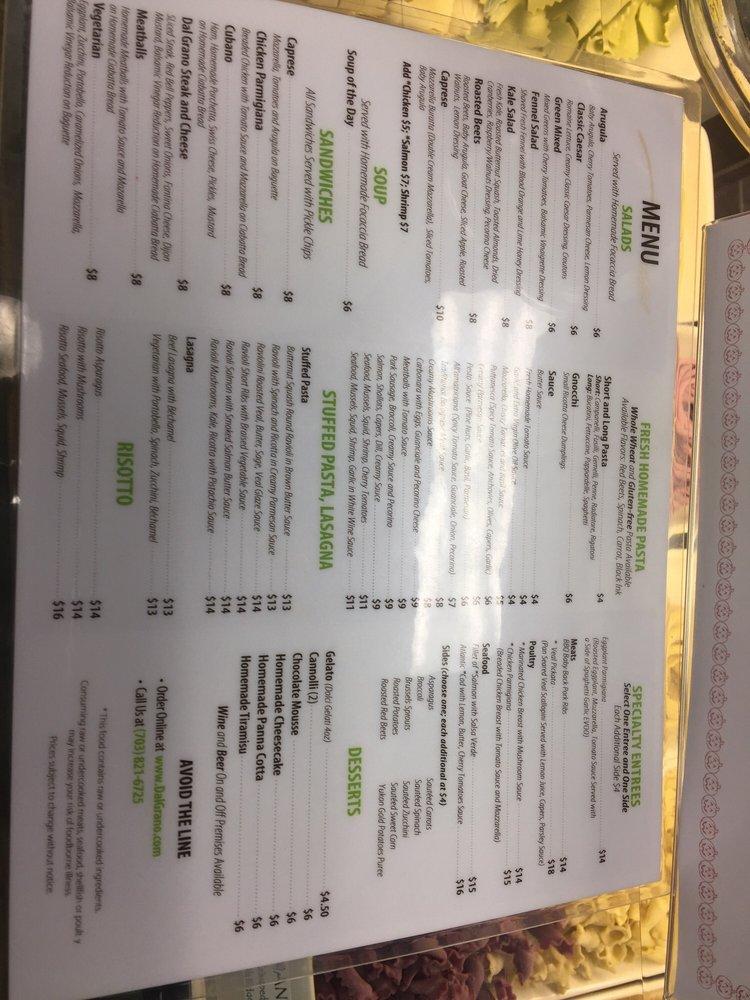 Menu at Dal Grano restaurant, McLean