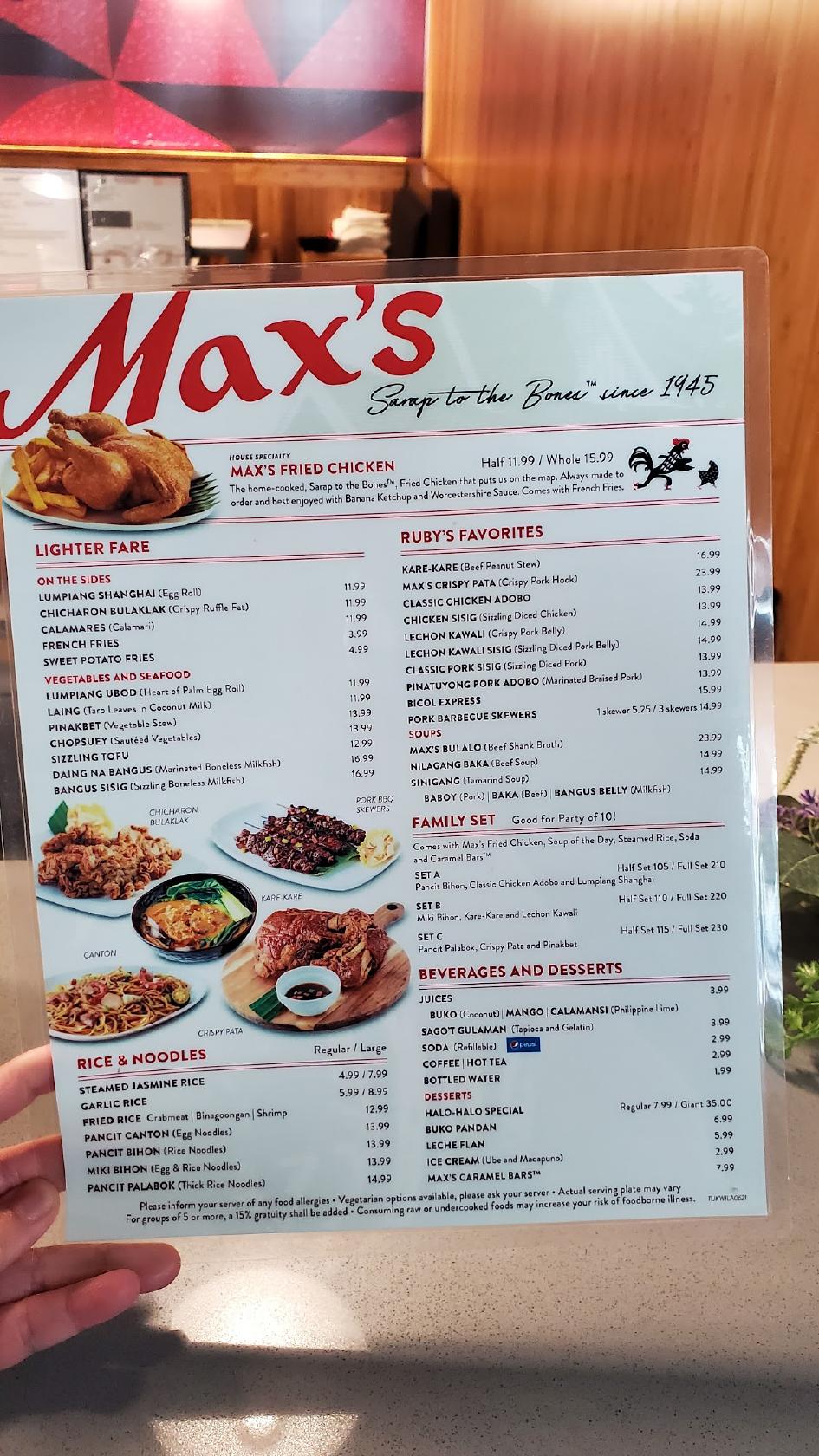 Carta de Max's Restaurant Seattle, Cuisine of the Philippines, Tukwila