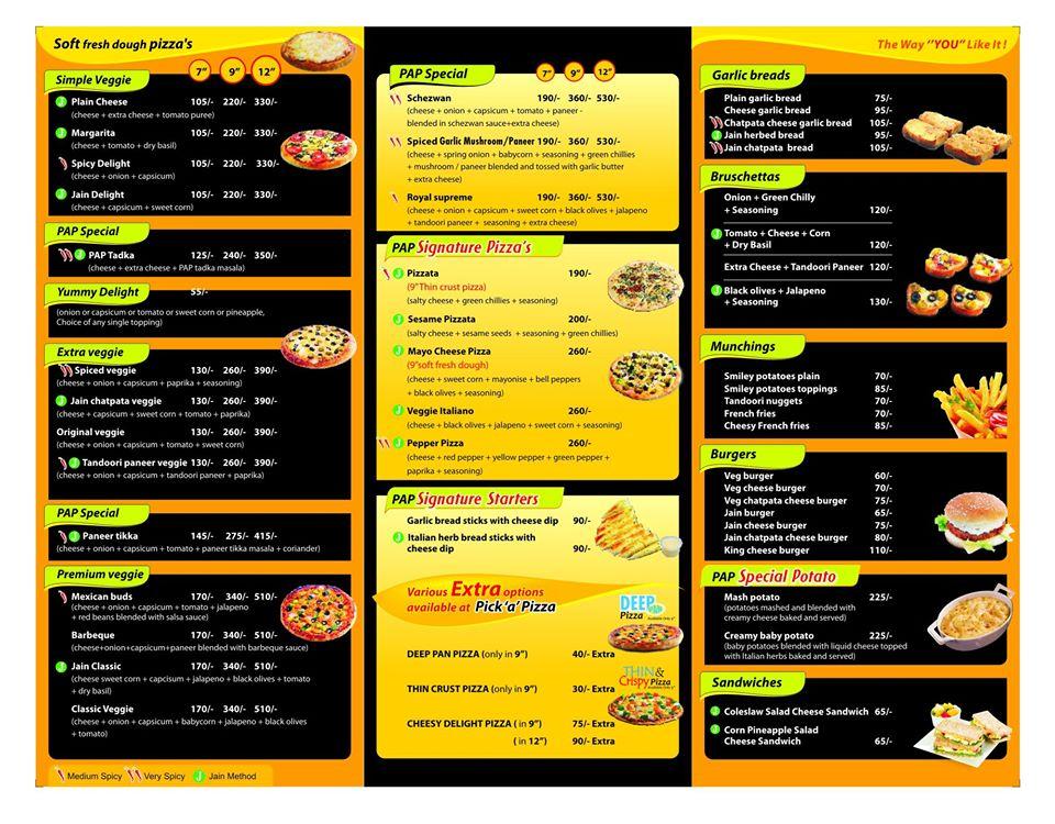 Menu at PAP, Nashik