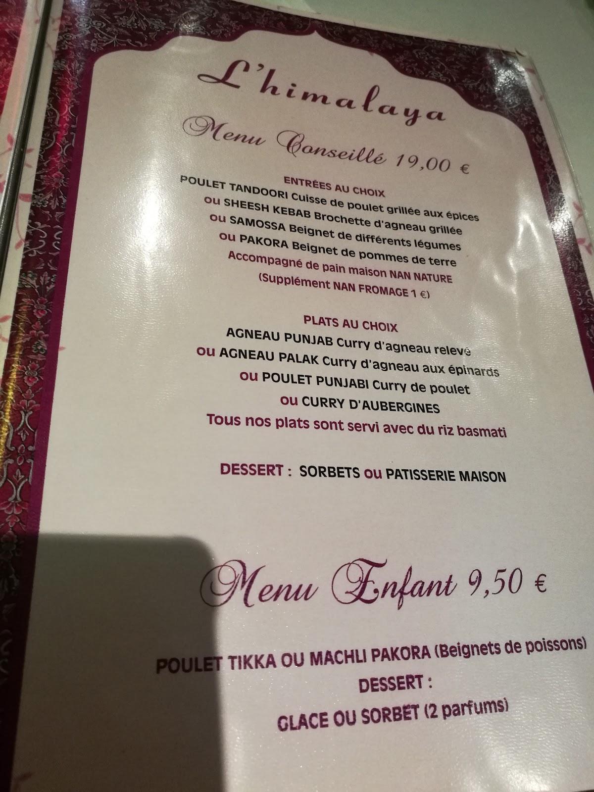 Menu au Restaurant L'Himalaya, Dreux