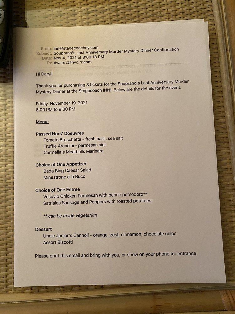 Menu at Stagecoach Inn, Goshen NY pub & bar, Goshen