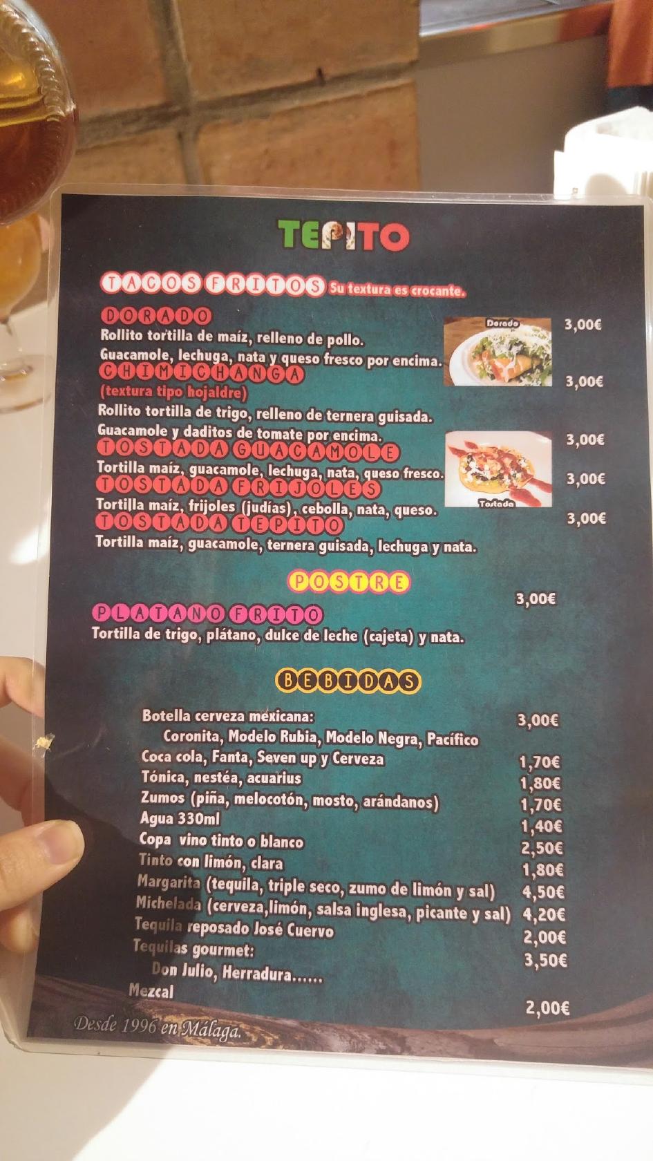 Menu at Tepito restaurant, Málaga
