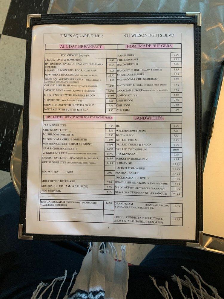 Menu at Times Square Diner restaurant, Toronto
