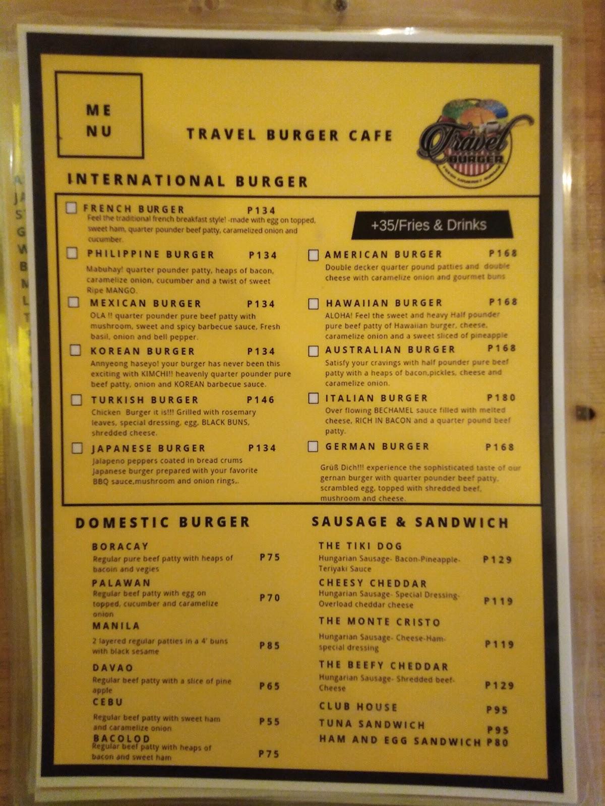 Carta de Travel Burger Cafe- Muñoz Branch, Ciudad Quezon