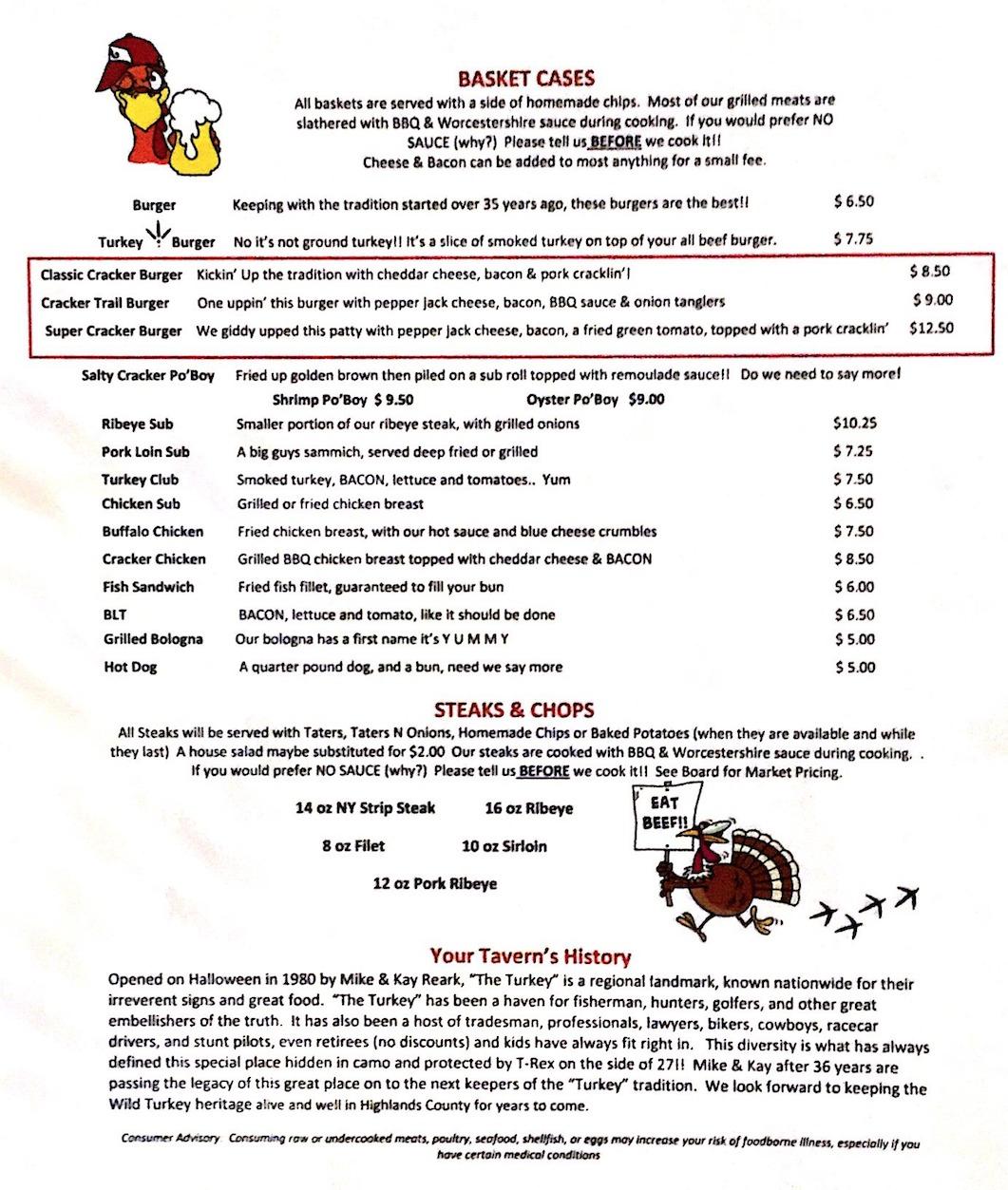 Menu at Wild Turkey Tavern pub & bar, Avon Park