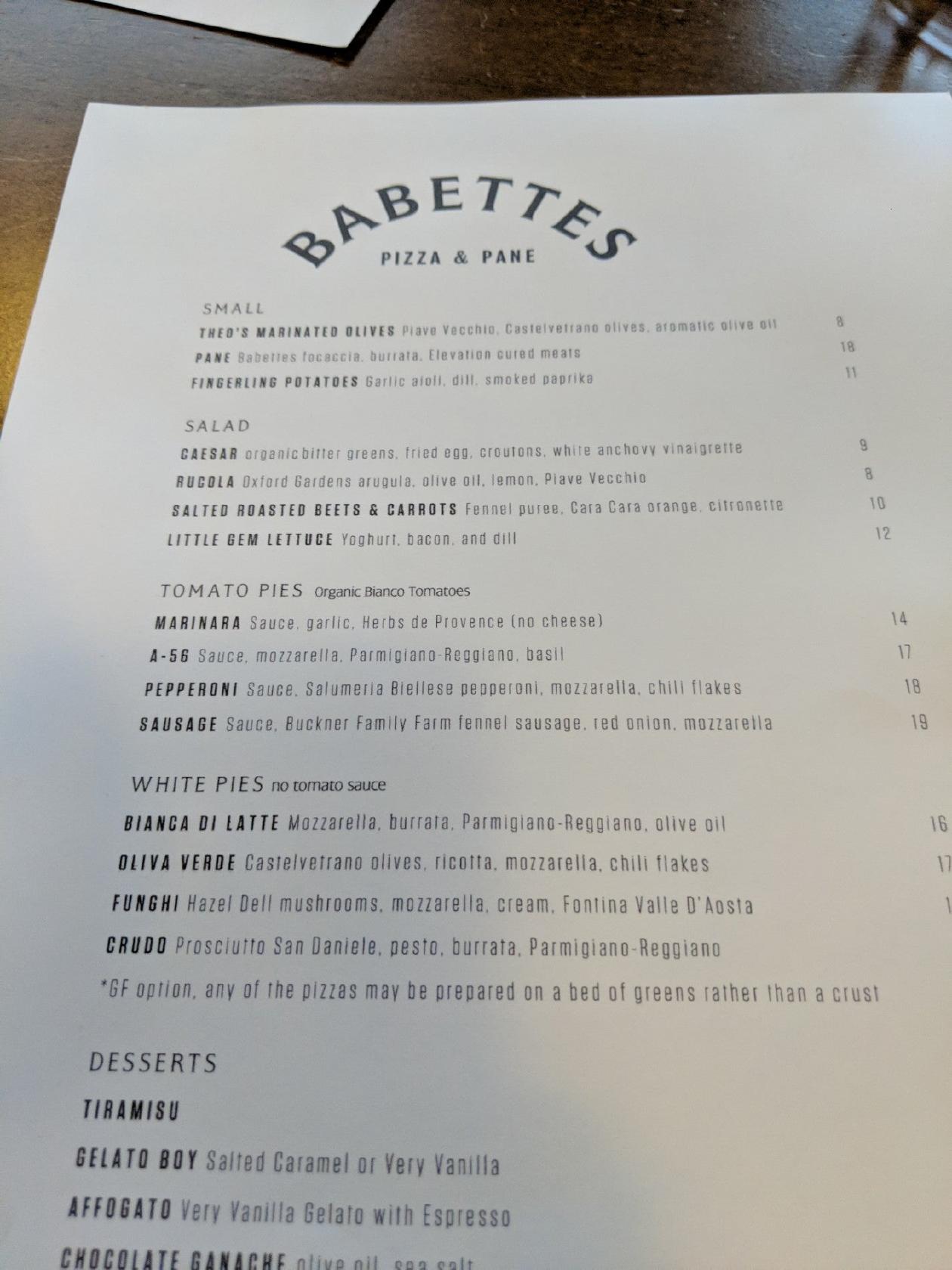 Menu at Babettes Bakery, Longmont