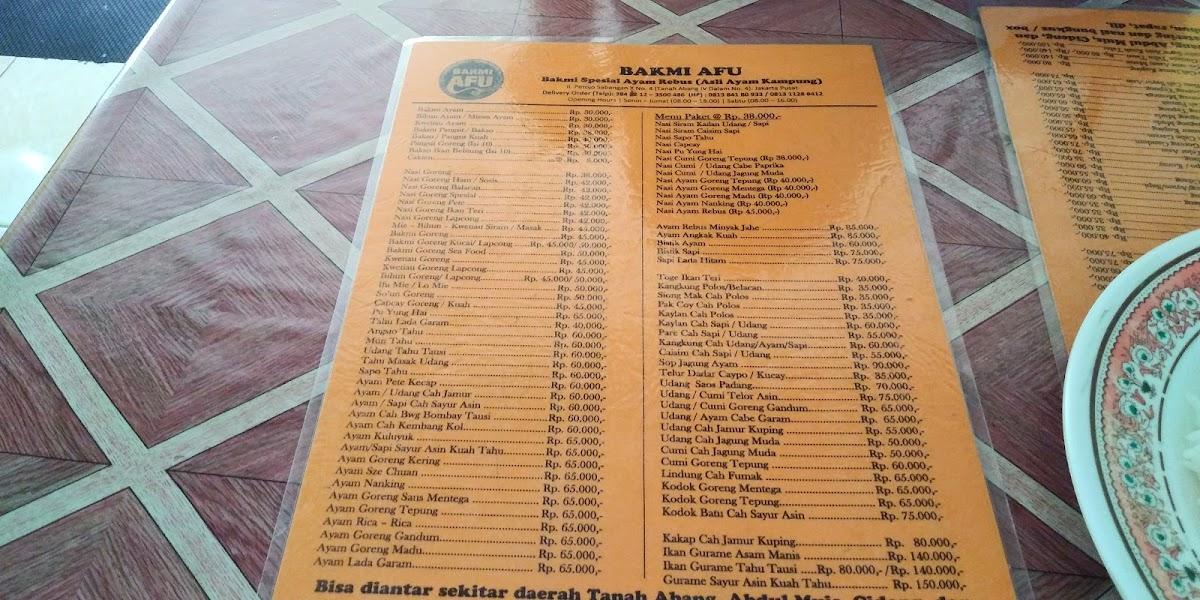 Menu at Bakmi AFU Pek Cham Kee restaurant, Central Jakarta