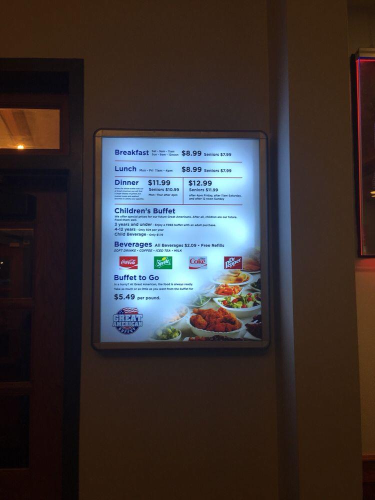 Menu at Great American Buffet restaurant, Fredericksburg