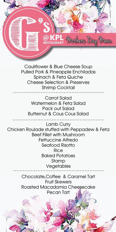 Menu at G's @ KPL restaurant, Hazyview