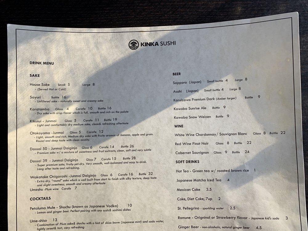 Menu at Kinka Sushi restaurant, Petaluma