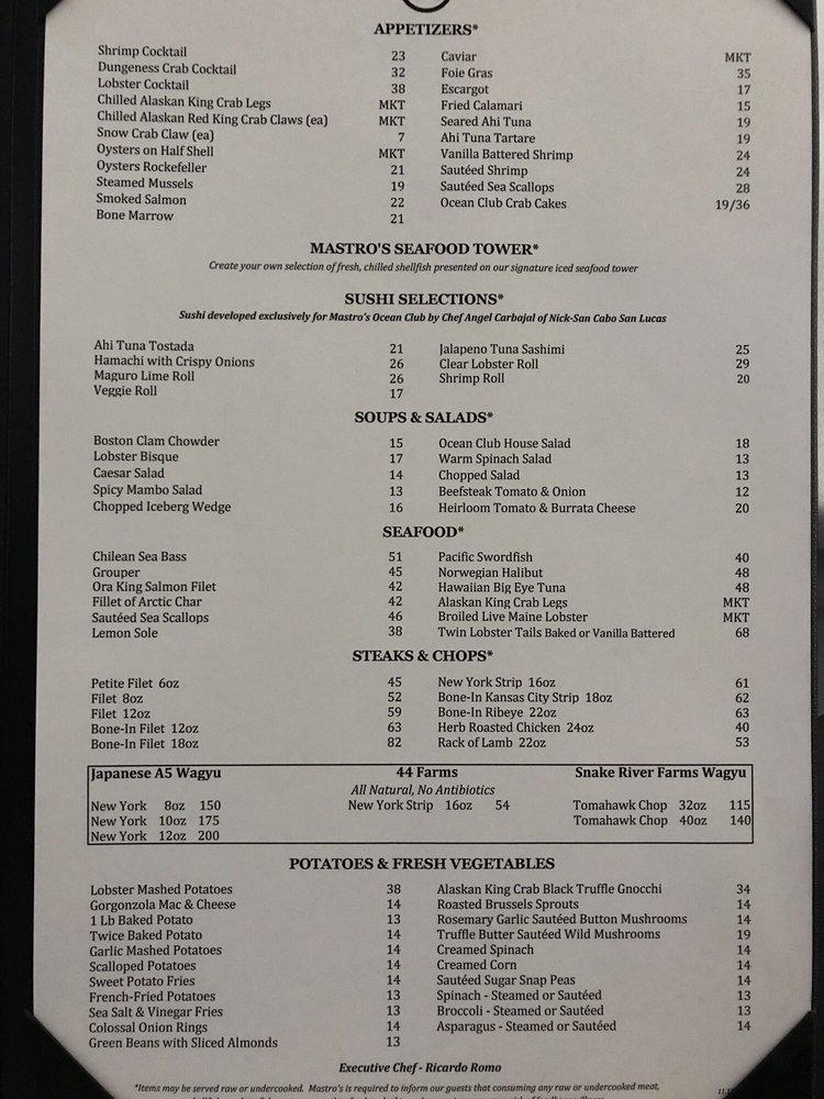 Menu at Mastro's Ocean Club, Las Vegas