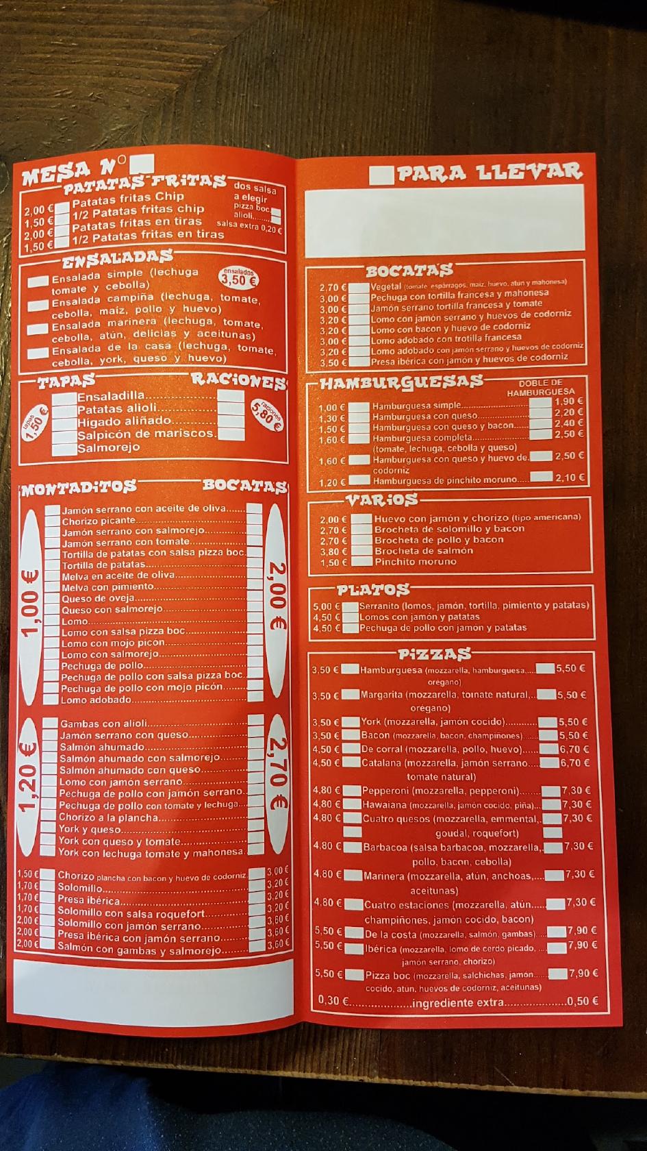 Carta del restaurante Pizza Boc, Aljaraque