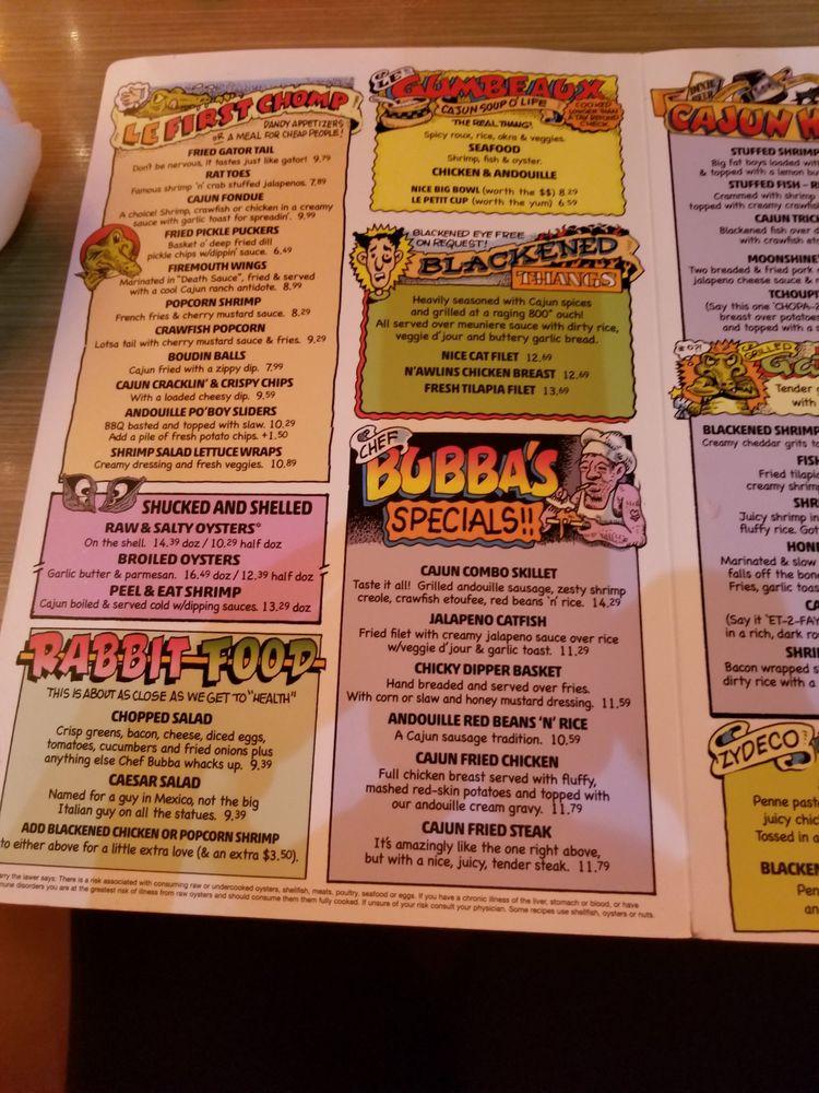 Menu at Razzoo's Cajun Cafe, Round Rock