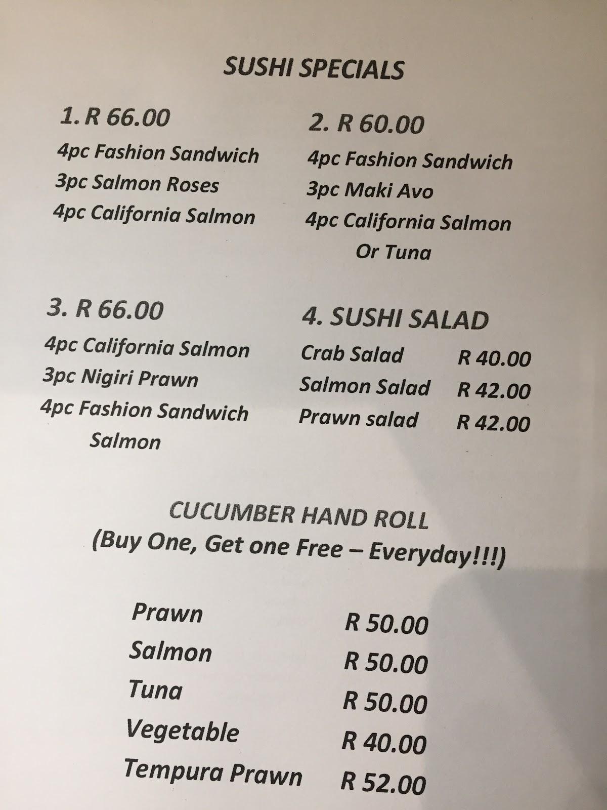 Menu at Seven Seas Sushi restaurant, Pinetown