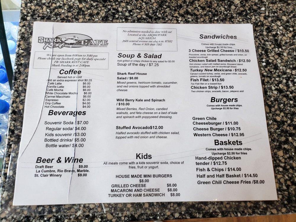 Menu at Shark Reef Cafe, Albuquerque