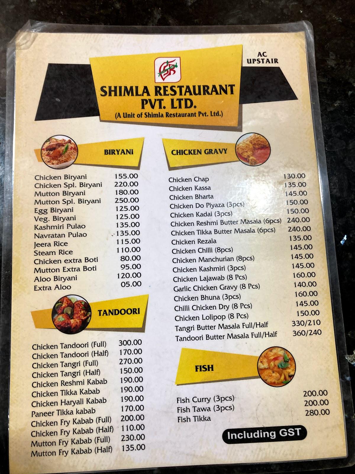 Menu at Shimla Biryani, Kolkata, 11/1