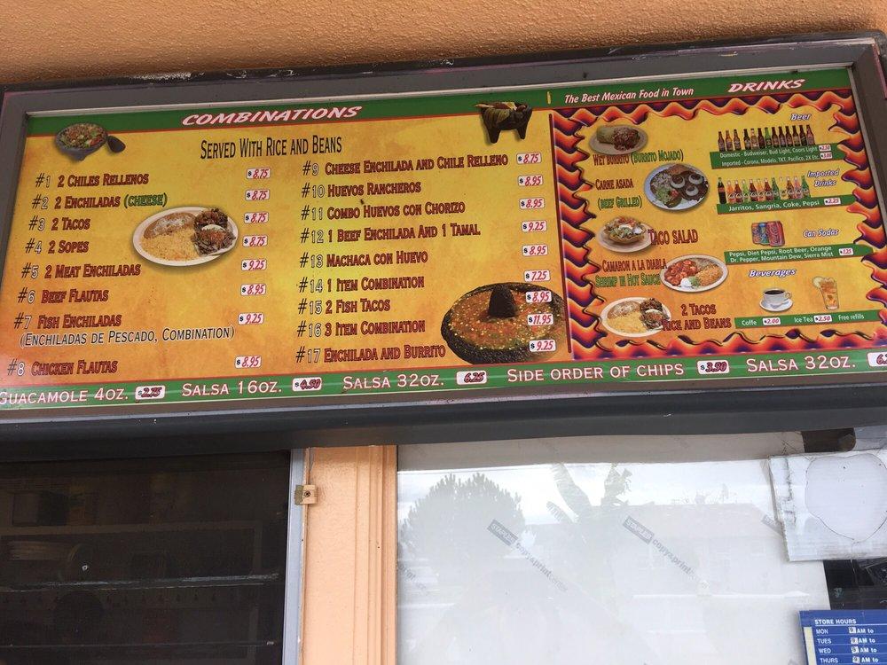 Menu at Taqueria Castillo restaurant, Gustine