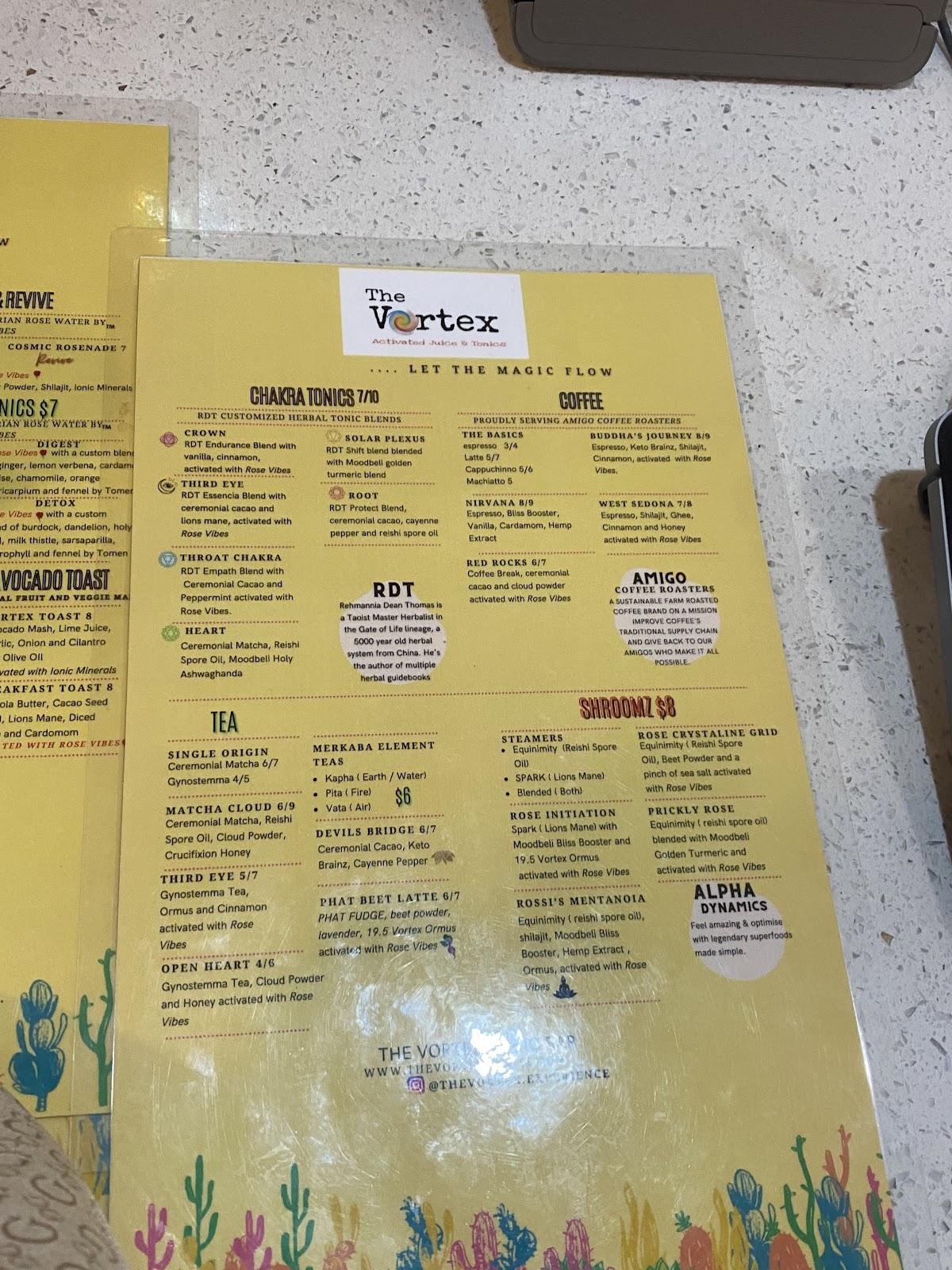 Menu at Rose Vortex Cafe - Coffee / Smoothies / Juices, Sedona