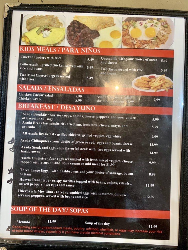 Menu at Asada Mexican Restaurant, North Las Vegas