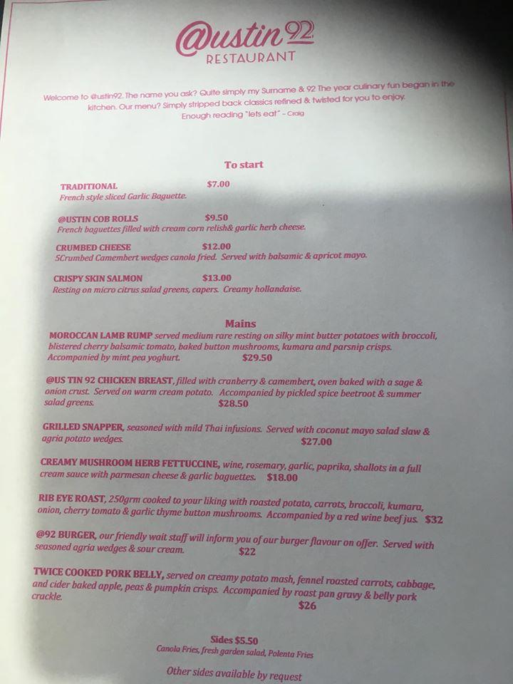 Menu at Austin 92 Resturant restaurant, Temuka