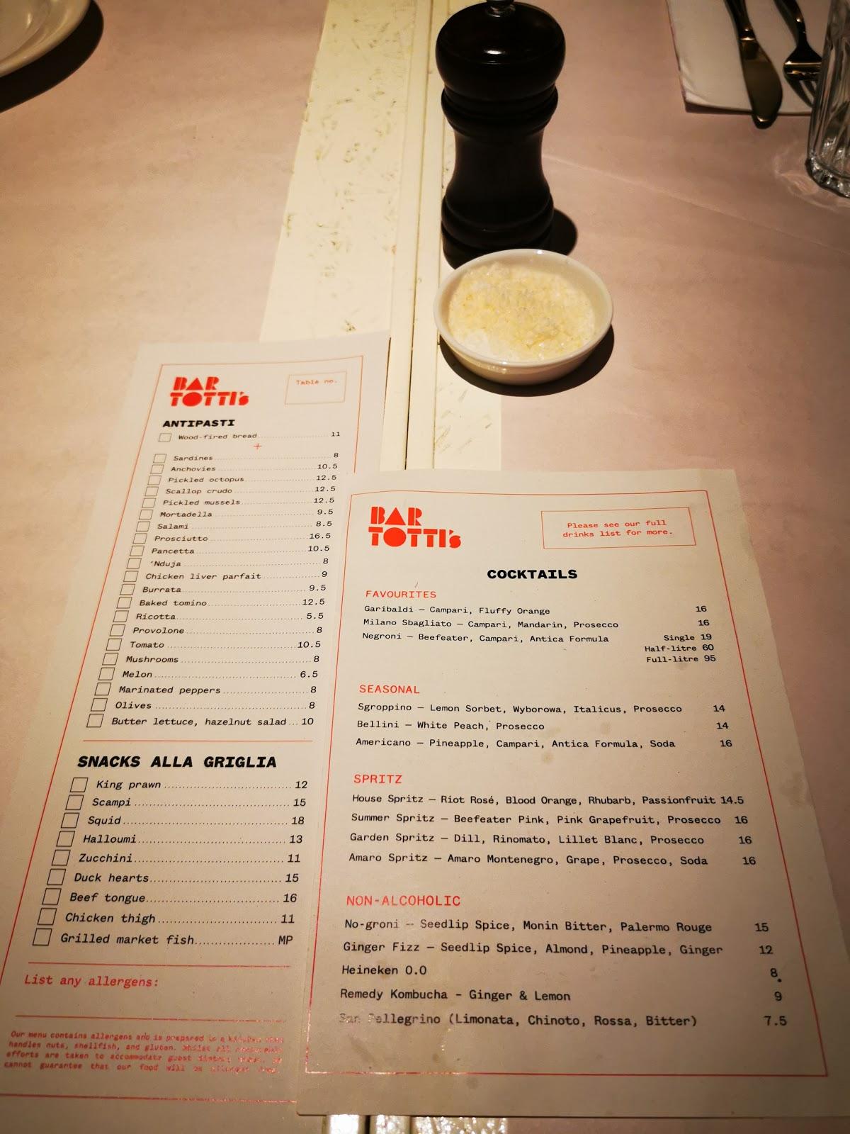 Menu at Bar Totti's, Sydney