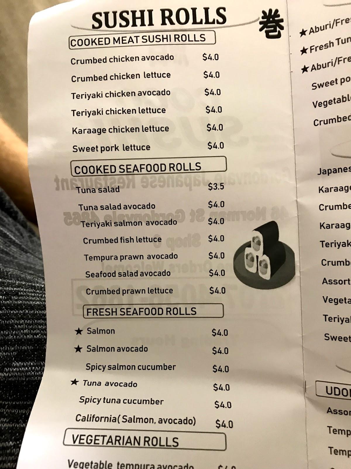 Menu at Coco Sushi restaurant, Gordonvale