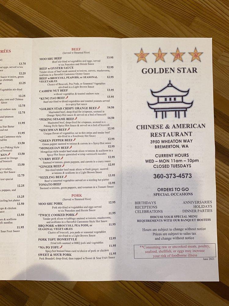 Menu at Golden Star Chinese & American Restaurant, Bremerton