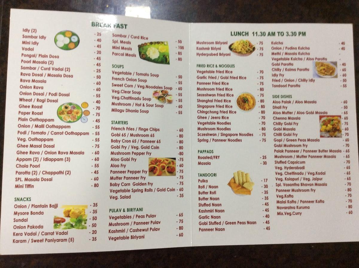 Menu at Hotel Vasantha Bhavan, Marakkanam, India 604303
