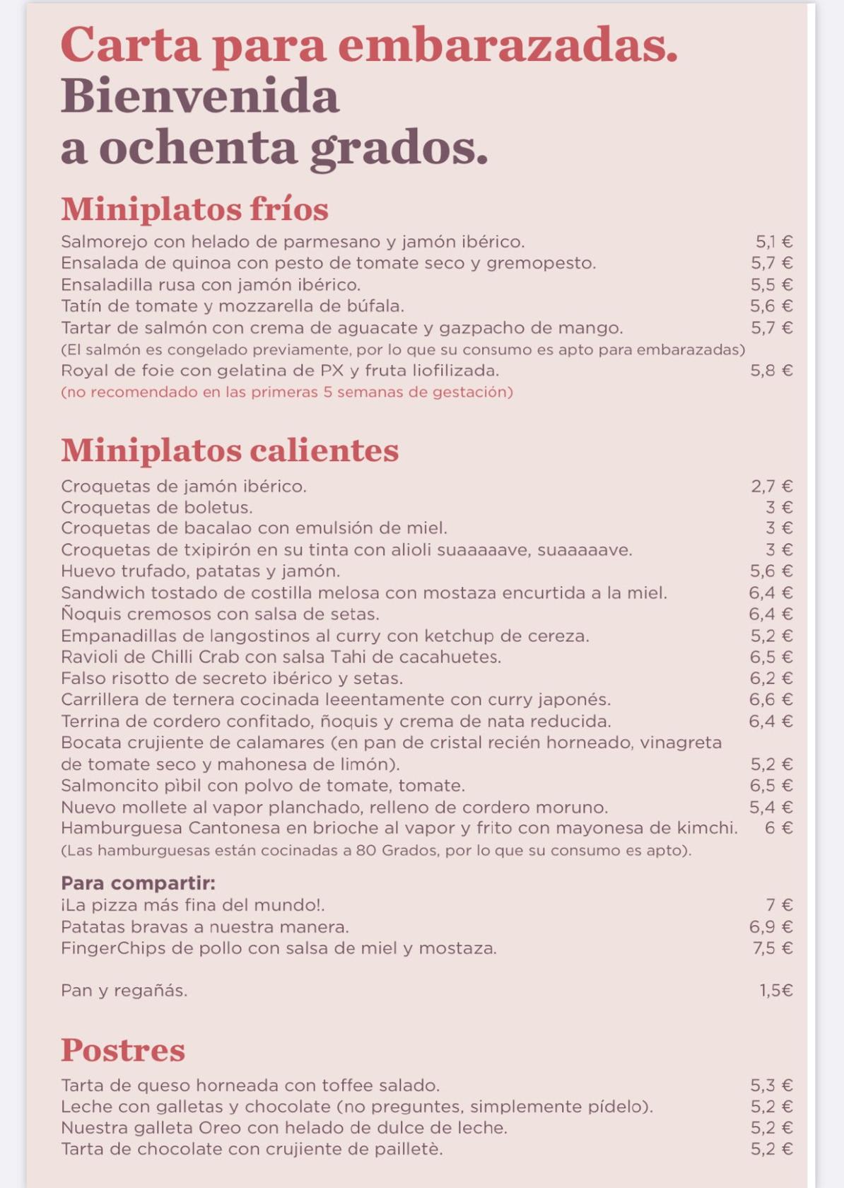 Carta del restaurante Ochenta Grados Pozuelo, Pozuelo del Alarcón