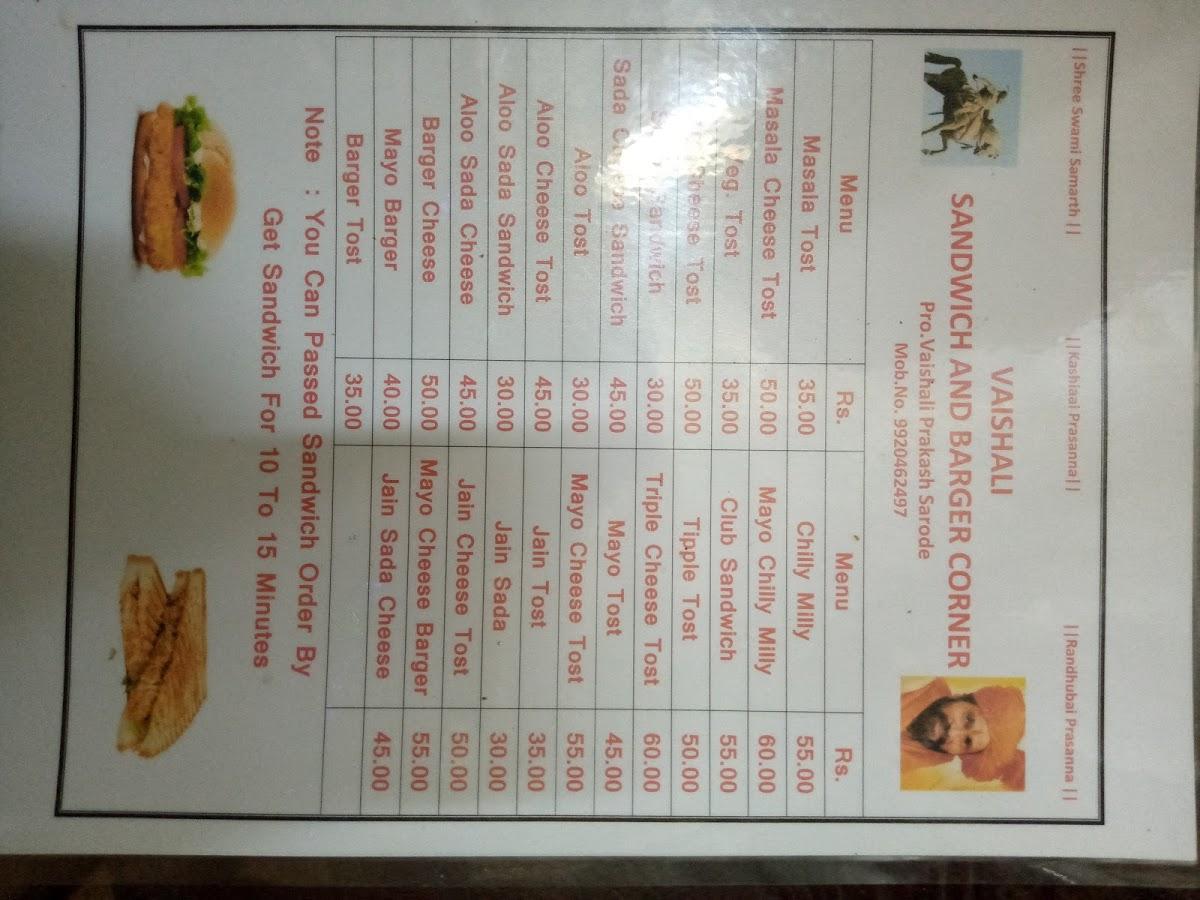 Menu at Vaishali Sandwich and burger corner, Thane, Matoshree Jijamata Marg