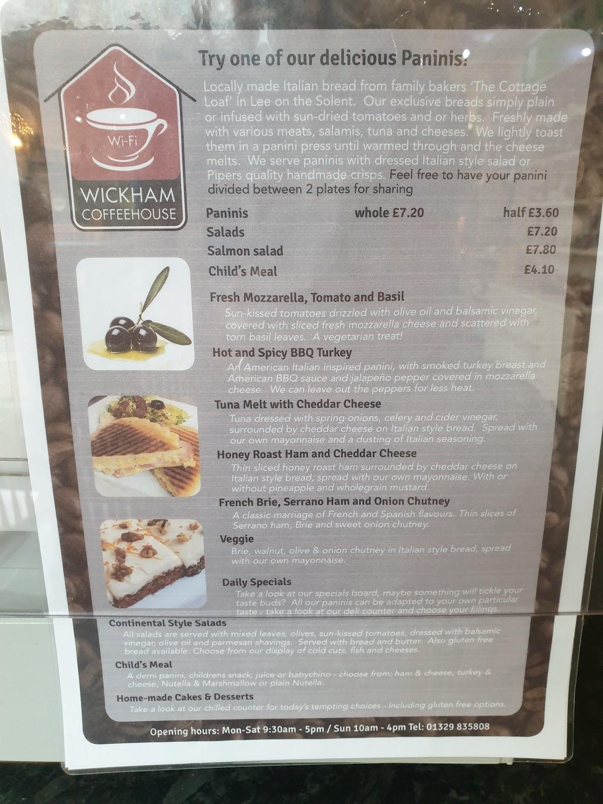 Menu at Wickham Coffeehouse cafe, Wickham