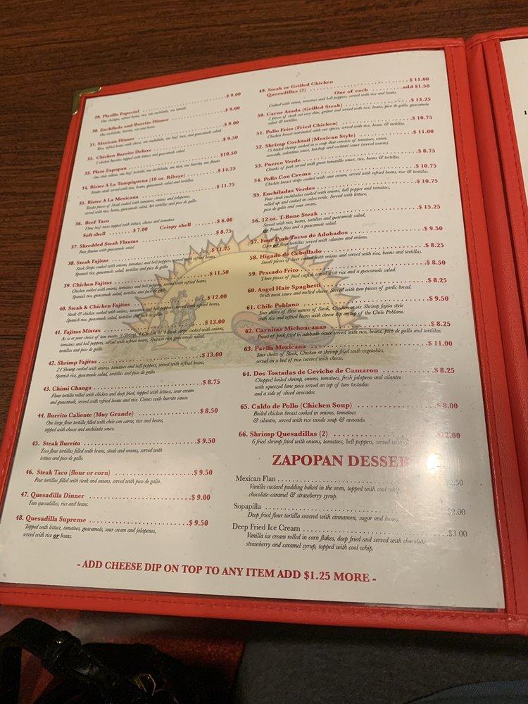 Menu at Zapopan Mexican Restaurant, Calera, 45 Beverly Dr
