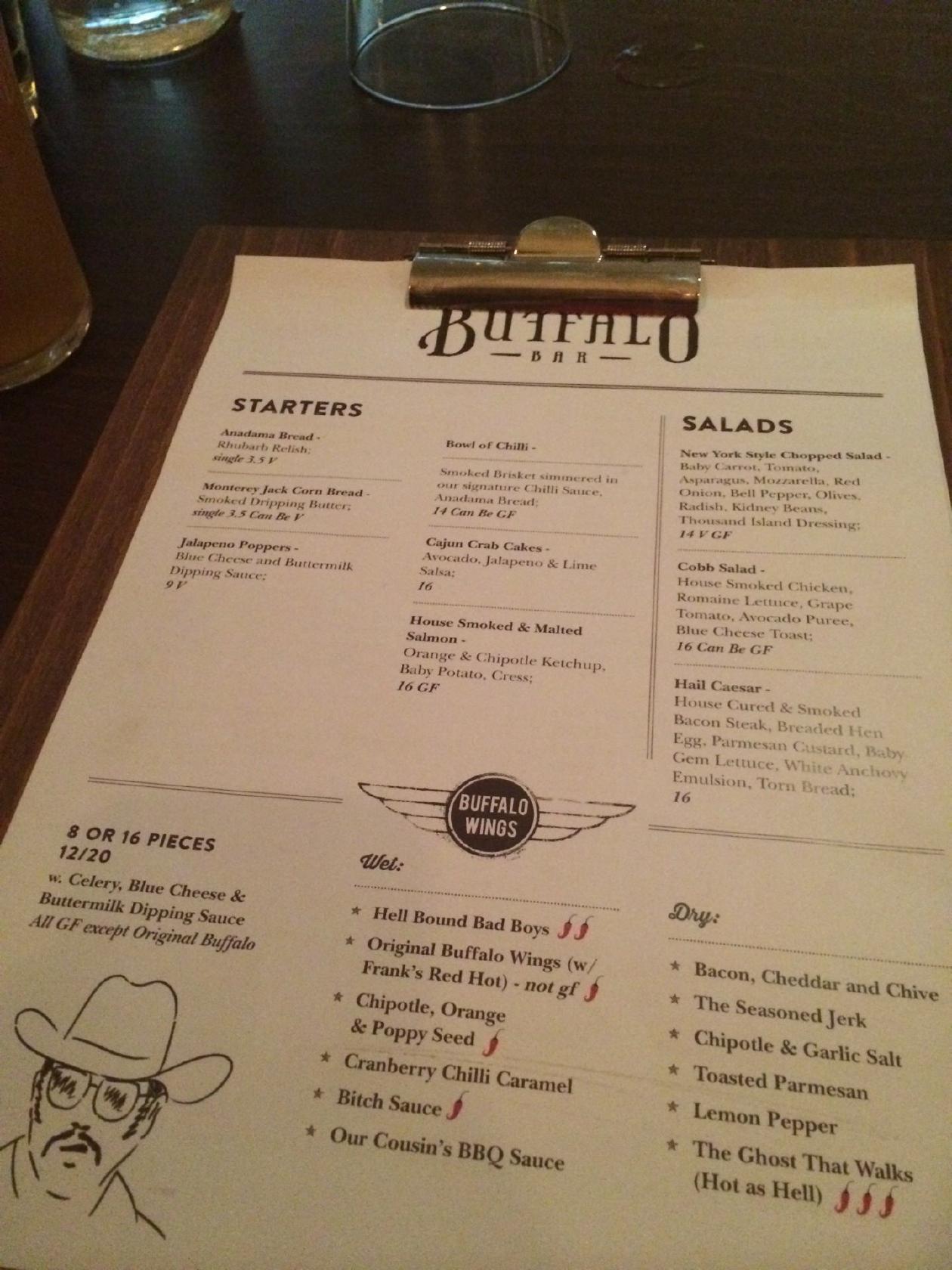 Menu at Buffalo Bar, Brisbane City