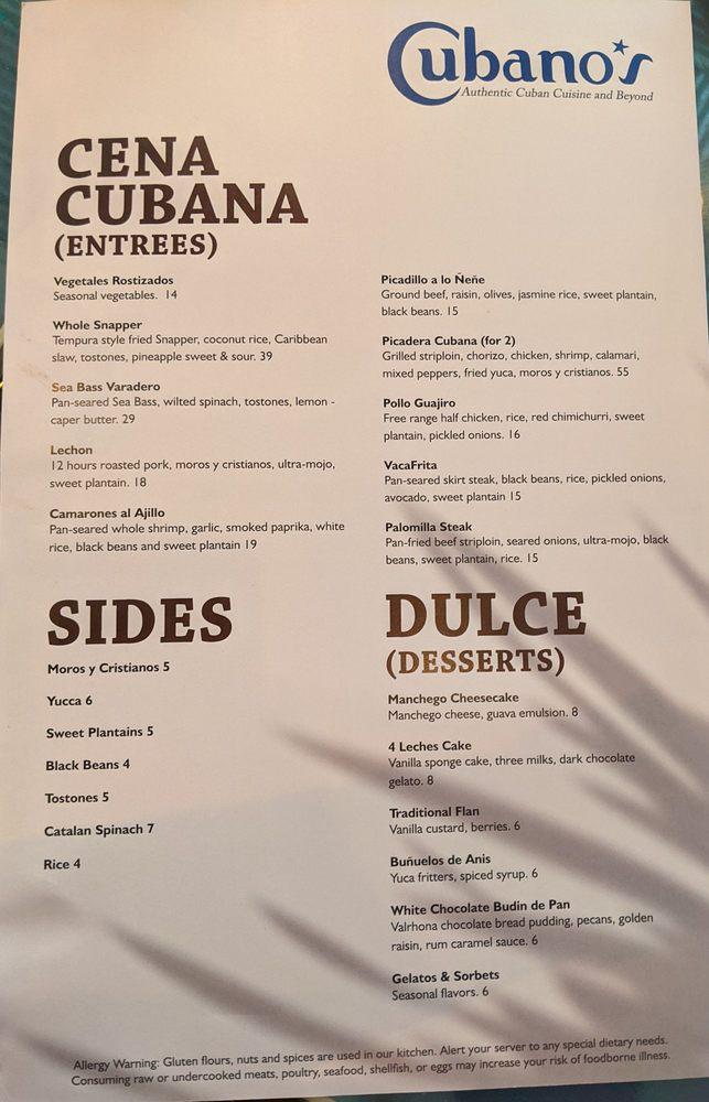 Menu at Cubano’s restaurant, Bethesda