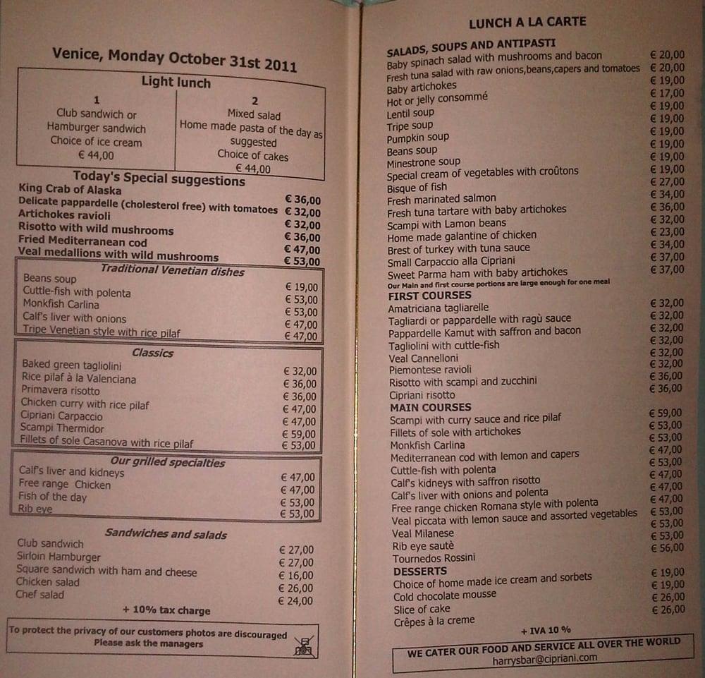 Menu at Harry's Bar, Venice, Calle Vallaresso