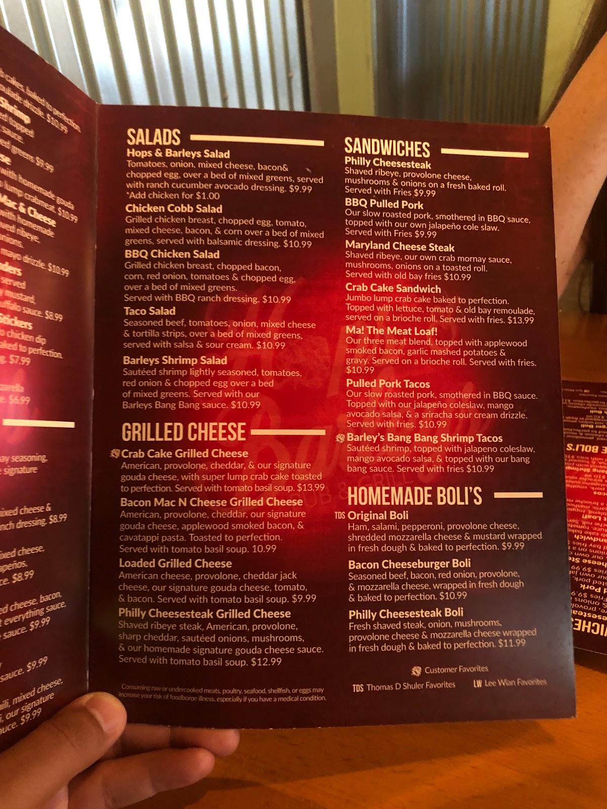 Menu at Hops & Barley's, Mechanicsburg