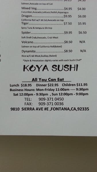Menu at Koya Sushi restaurant, Fontana