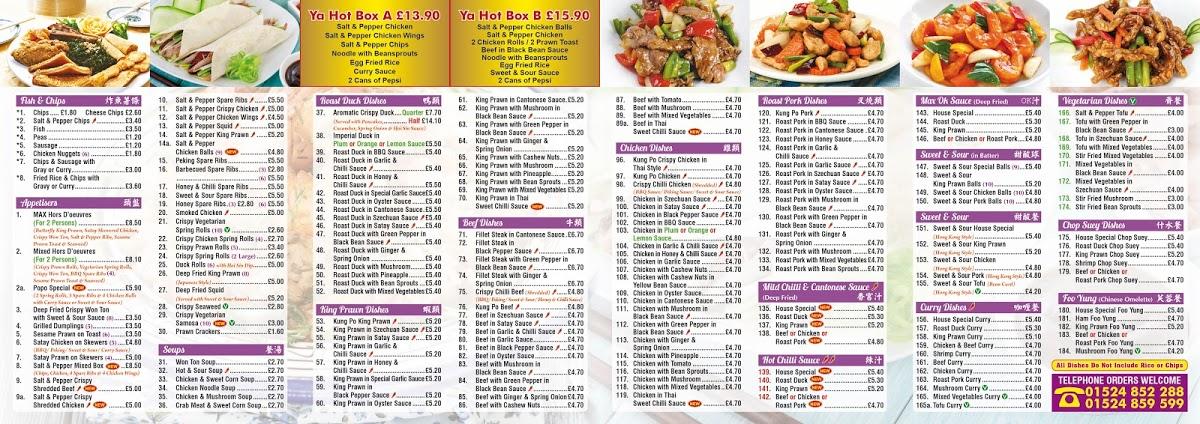 Menu at Max Chinese Takeaway fast food, Morecambe